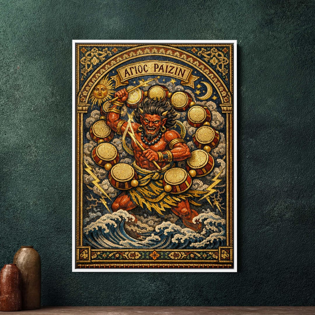 Raijin Byzantine Icon Mosaic Framed Canvas Wall Art - Large Japanese ...