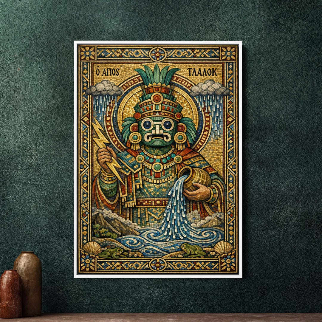 Aztec Rain God Tlaloc Byzantine Icon Mosaic Large Framed Canvas Wall ...