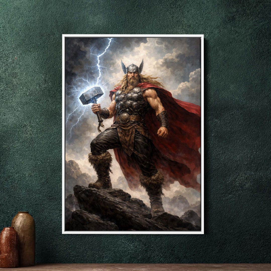 Thor Norse God Painting - Framed Canvas Wall Art - Large Viking Home ...