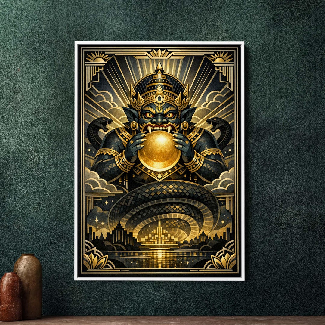 Rahu Hindu God Art Deco Big Framed Canvas Wall Art, Large Spiritual ...