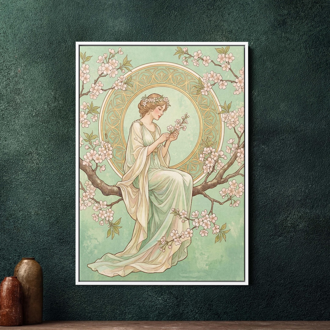 Thallo Greek Goddess Framed Canvas, Art Nouveau Spring Floral Maiden ...