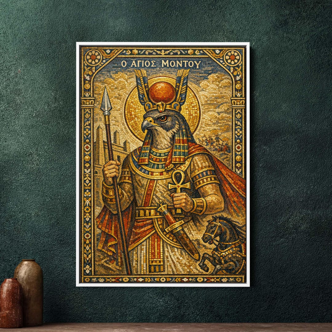 Montu Egyptian God Byzantine Icon Mosaic Framed Canvas Wall Art, Large ...