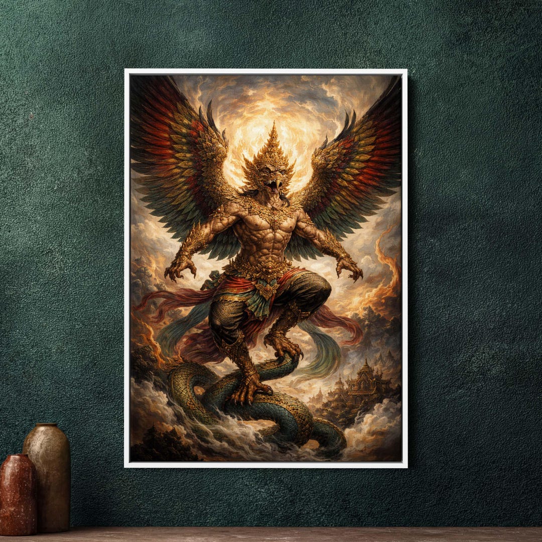 Garuda Painting Framed Canvas Wall Art, Large Mythological Bird Decor ...