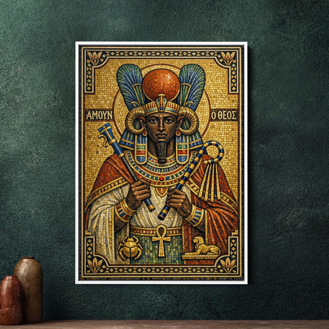 Amun Egyptian God Byzantine Icon Mosaic Framed Canvas, Large Wall Art ...