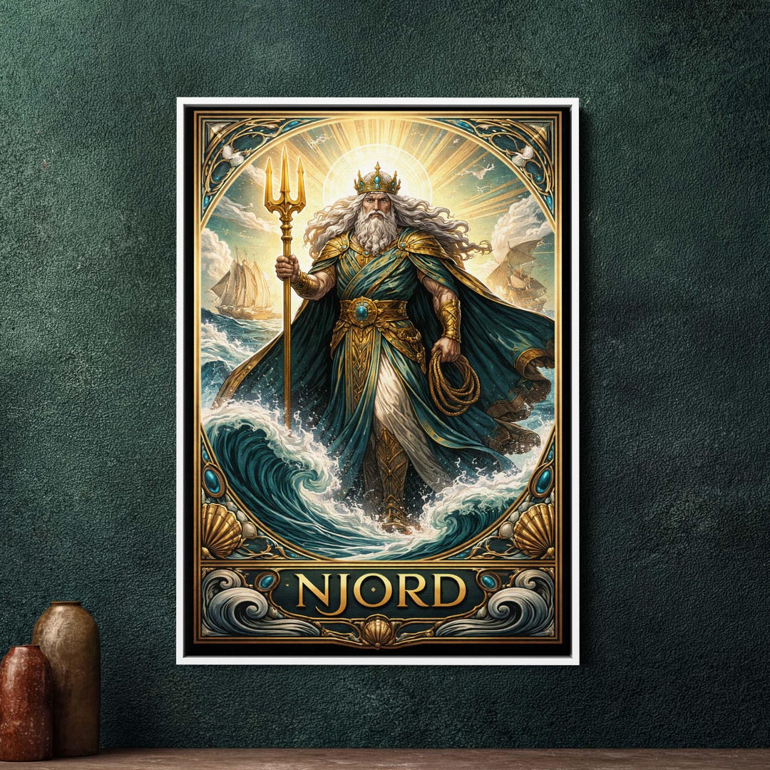 Njord Art Deco Large Framed Canvas Wall Art, Norse Mythology Viking ...