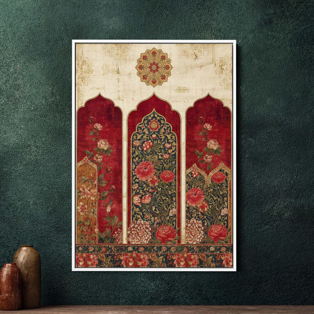 Persian Floral Arch Framed Canvas Wall Art, Red and Gold Traditional ...