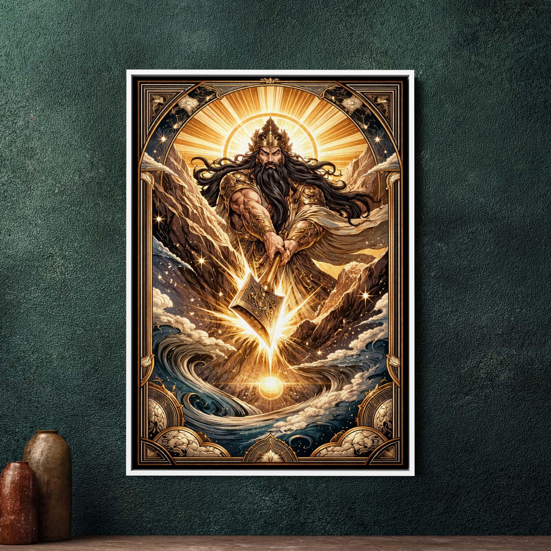 Pangu Art Deco Large Framed Canvas Wall Art, Mythology Home Decor, Bold ...