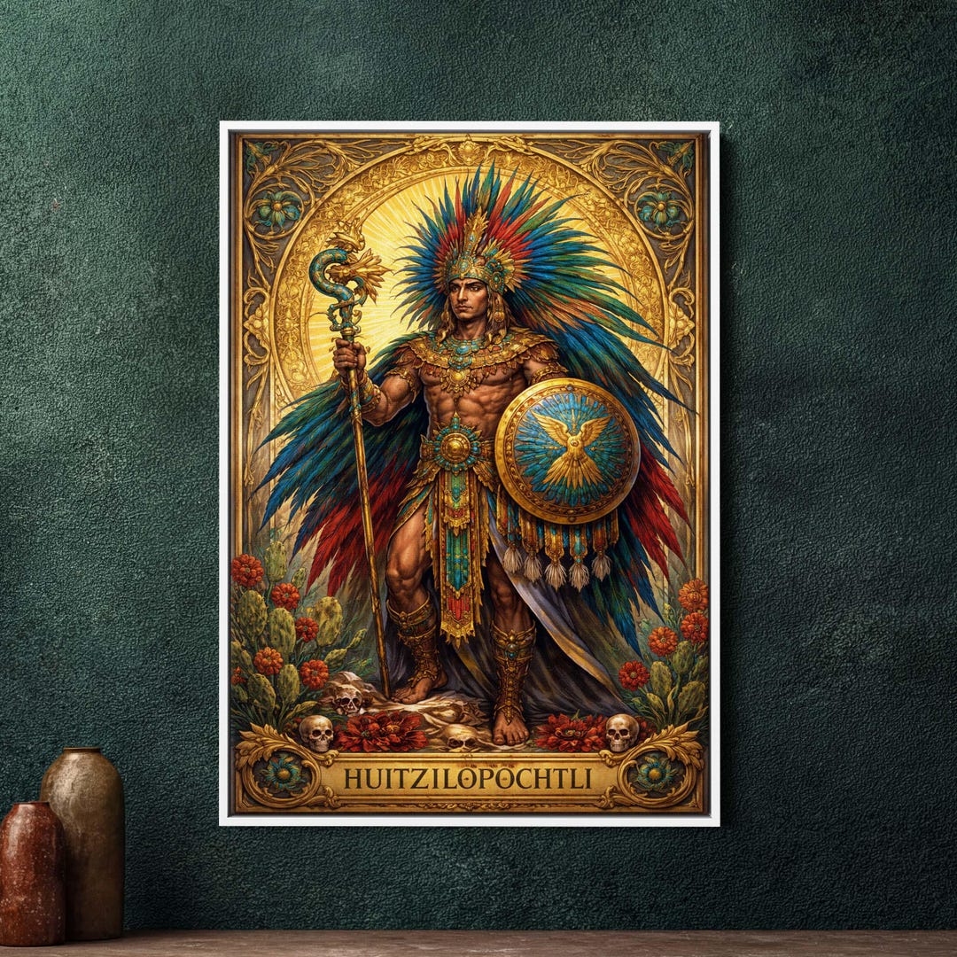 Huitzilopochtli Art Nouveau Framed Canvas, Large Aztec Wall Decor, Art ...