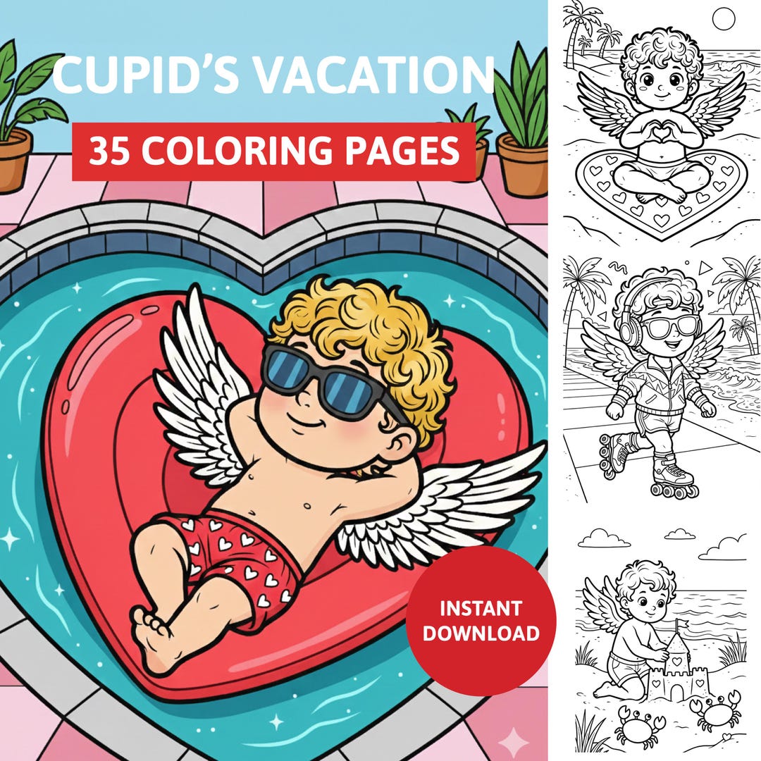 Cupid Goes on Vacation Coloring Pages | Beach Cupid Coloring Book ...