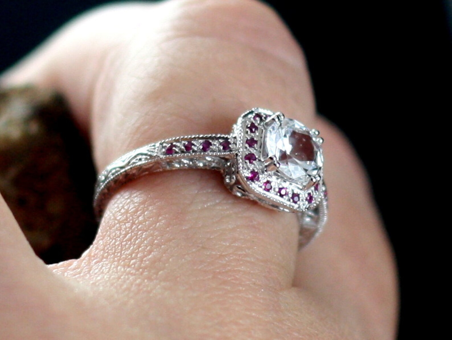 White Sapphire & Ruby Engagement Ring Cushion Rubies Halo - Etsy