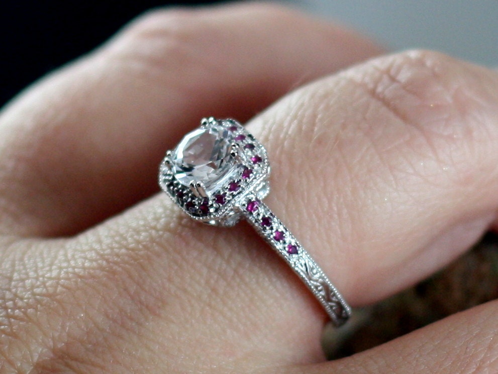 White Sapphire & Ruby Engagement Ring Cushion Rubies Halo | Etsy