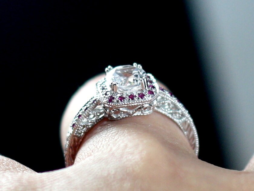 White Sapphire & Ruby Engagement Ring Cushion Rubies Halo | Etsy