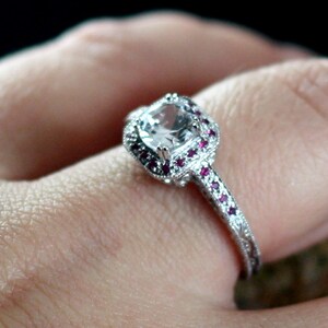 White Sapphire & Ruby Engagement Ring Cushion Rubies Halo - Etsy