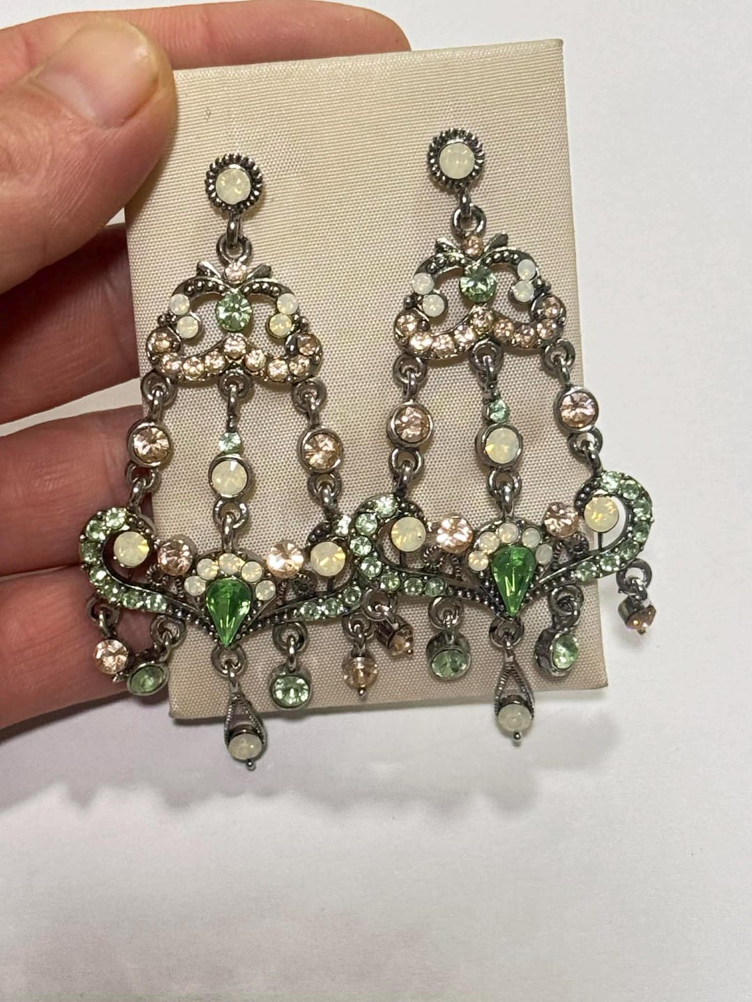 Green Crystal Chandelier Earrings, Vintage Style Silver Tone Jewelry ...