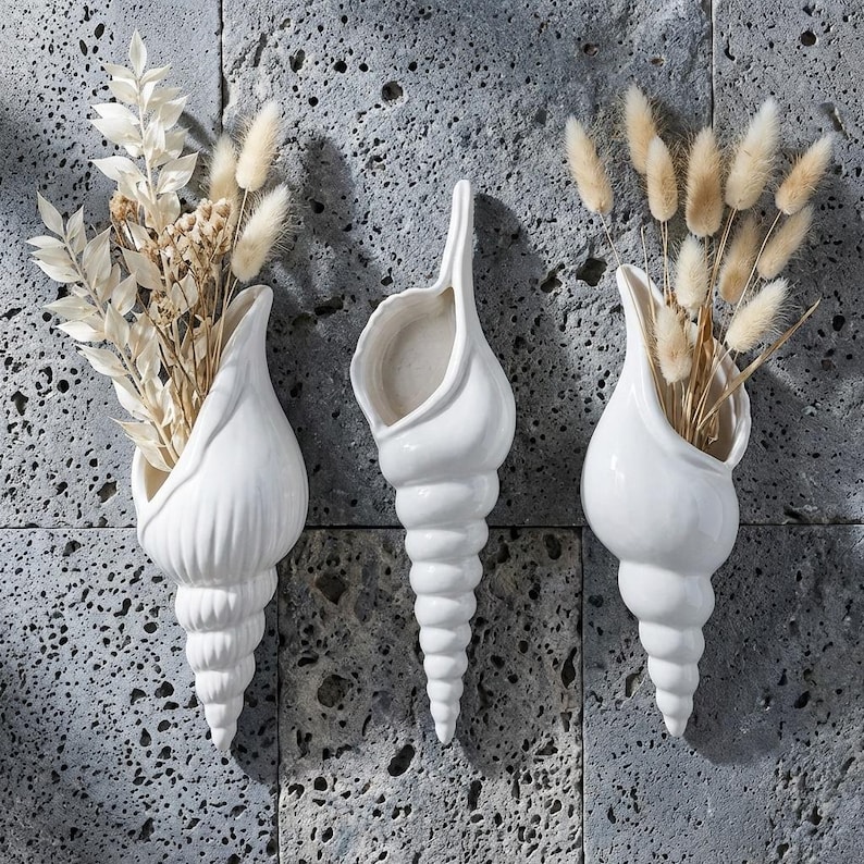 Modern White Ceramic Shell Wall Vase, Conch Wall Hanging Vase, Minimal ...