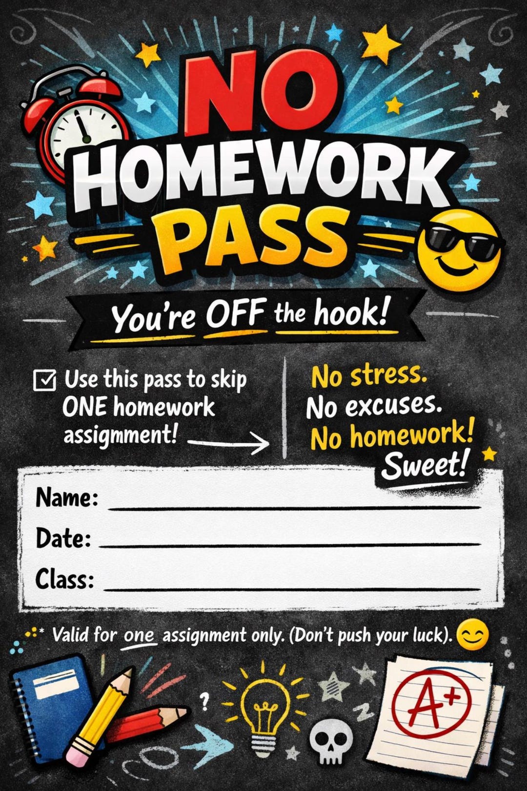 No Homework Pass | Printable Classroom Reward | Fun Student Incentive ...