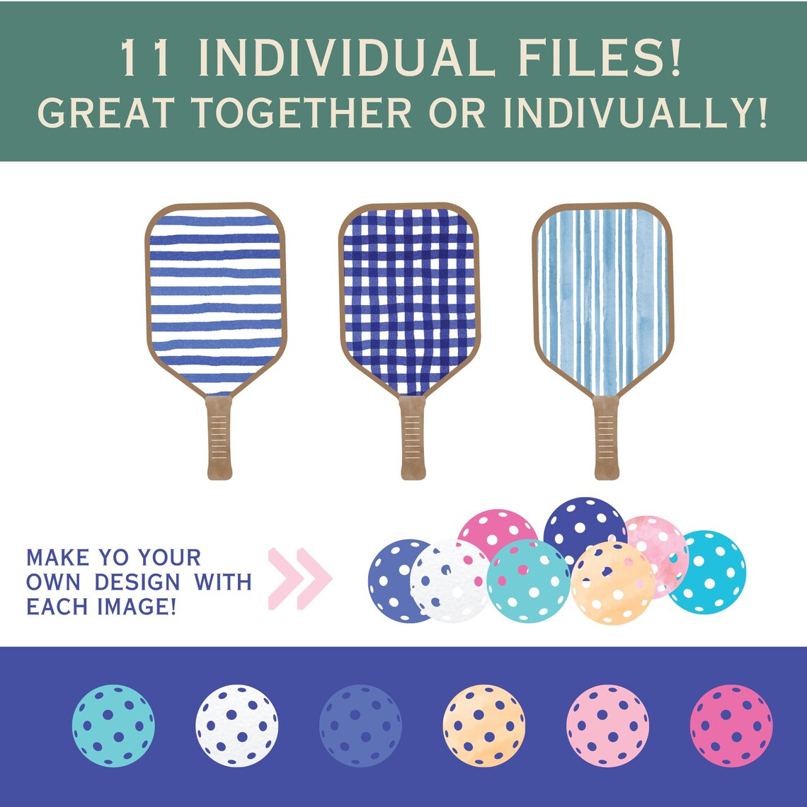 Pickleball PNG Clip Art Paddle and Ball PNG Pattern Watercolor Stripes ...