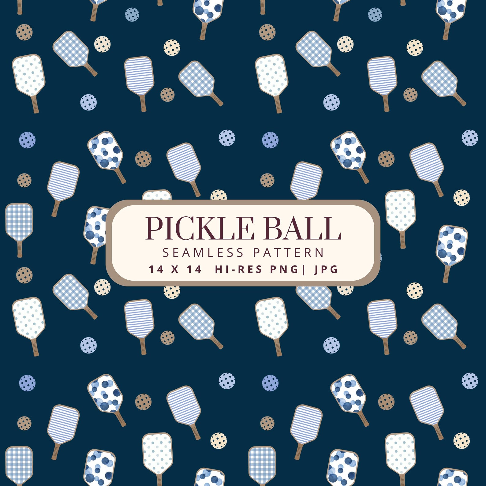 Pickleball Paddle PNG Seamless Pattern Blue Watercolor Stripes Preppy ...