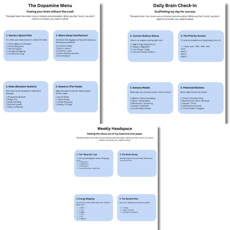 ADHD Dopamine Menu Printable Bundle | Daily Brain Check in & Weekly ...
