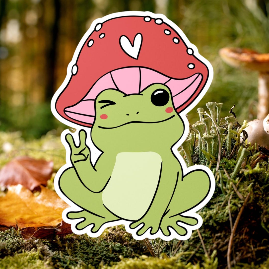 Cute Frog Mushroom Sticker | Whimsical Frog Vinyl Sticker | Cottagecore ...