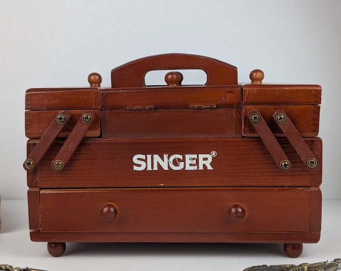 Vintage Singer Wooden Sewing Box| Folding Cantilever Sewing Organizer ...