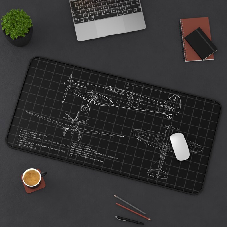 Spitfire Fighter Aircraft Sketches Desk Mat | WWII Blueprint Deskmat ...