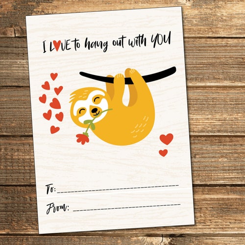 Sloth Valentines Kids Printable Valentine's Day Cards - Etsy