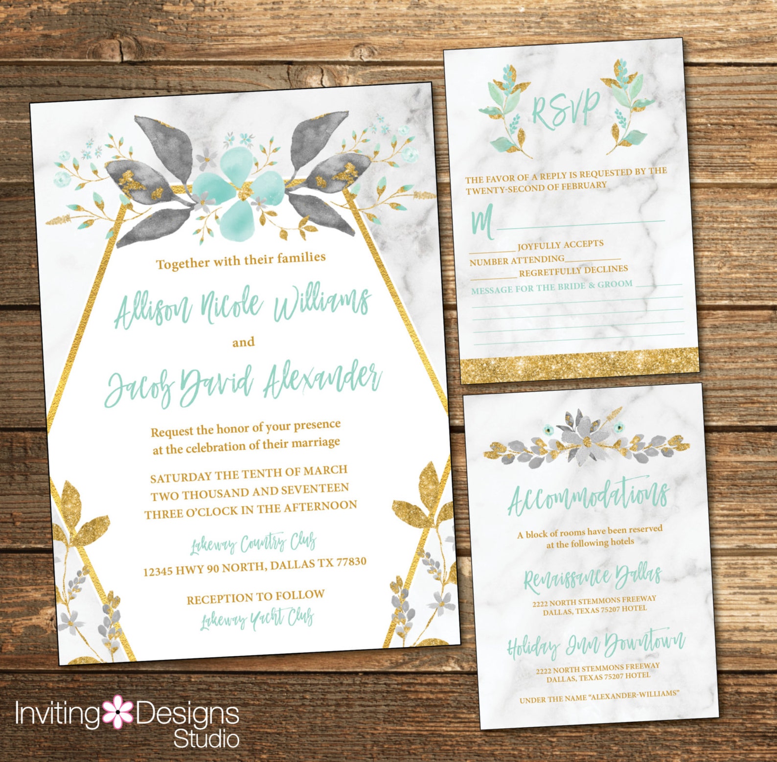 Mint Wedding Invitation Mint and Gold Wedding Marble RSVP - Etsy