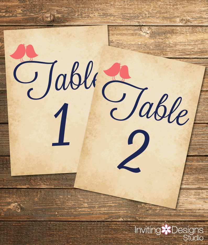 Rustic Wedding Table Numbers Love Bird Coral and Navy - Etsy