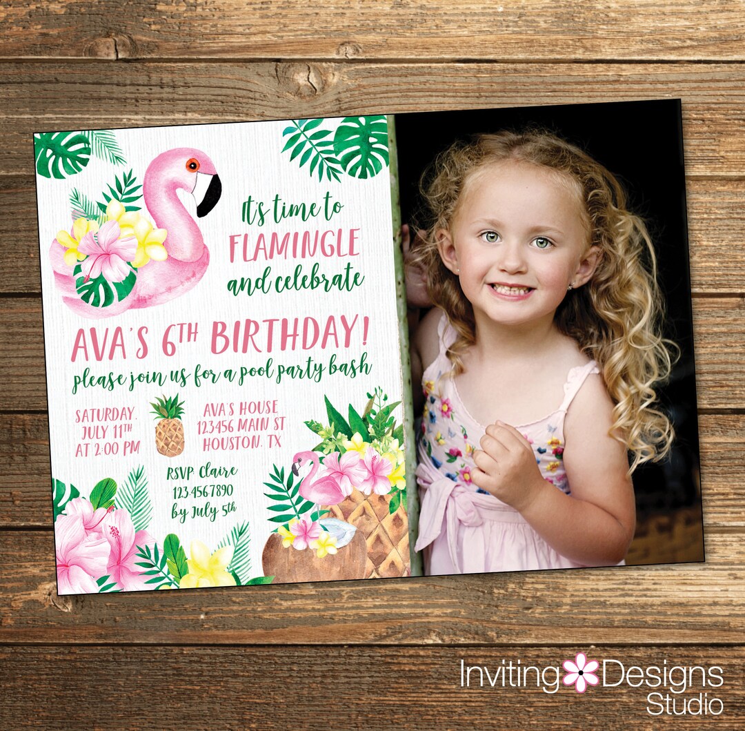 Flamingo Pool Party Invitation for Girl Birthday Invite Summer Party ...