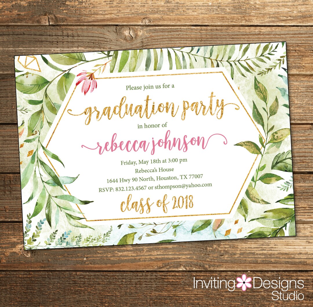 Graduation Party Invitation, Greenery, Floral, Green and Gold ...