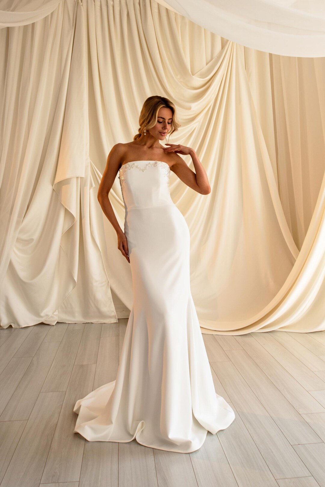 Ivory Matte Crepe Blanch Gown Embroidered Applique Decor Sleeveless ...