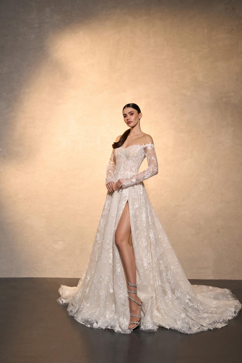 Provence Wedding Dress – Lace A-line Bridal Gown With Slit and off ...