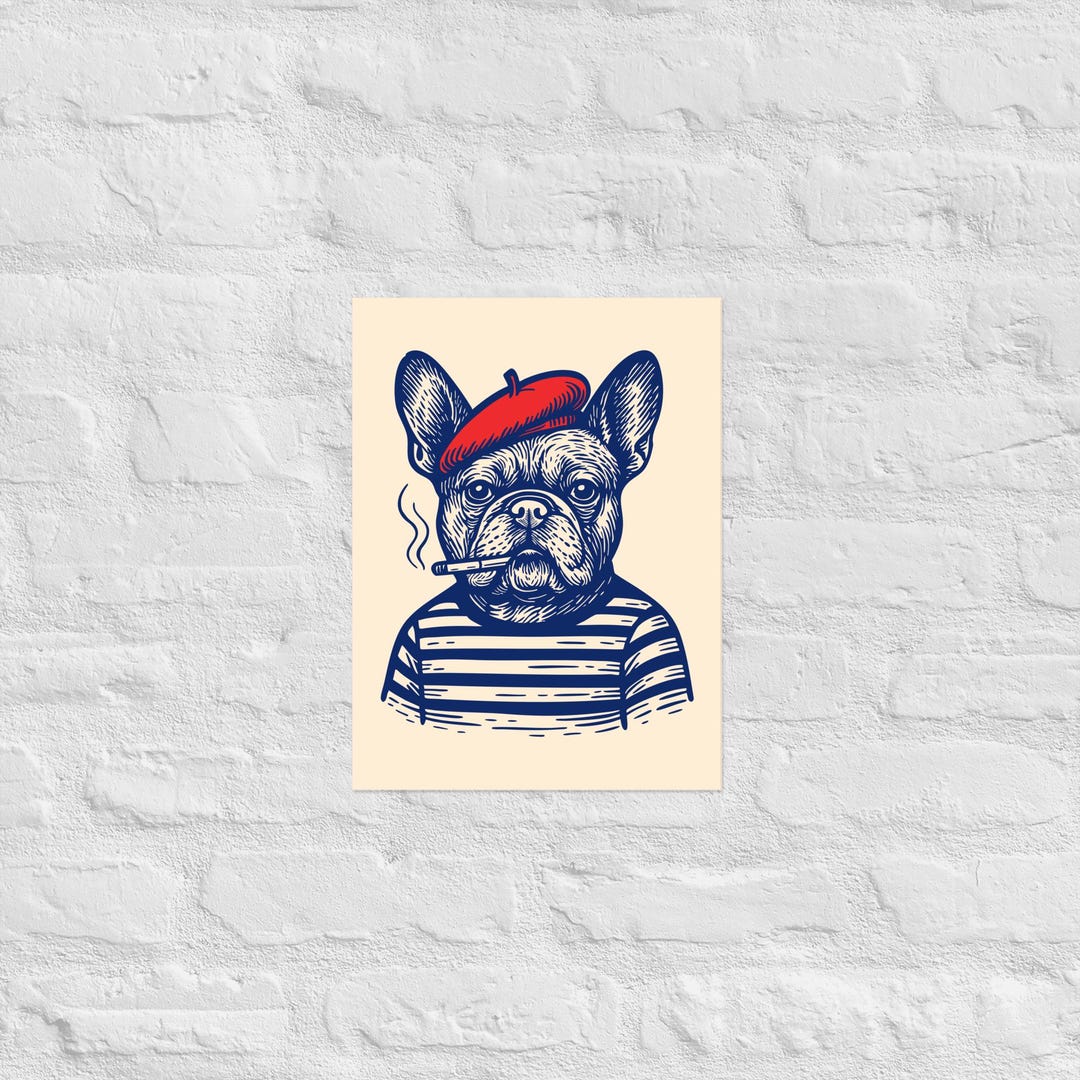 Blue Frenchie Poster, Beret French Bulldog Illustration, Funny French ...