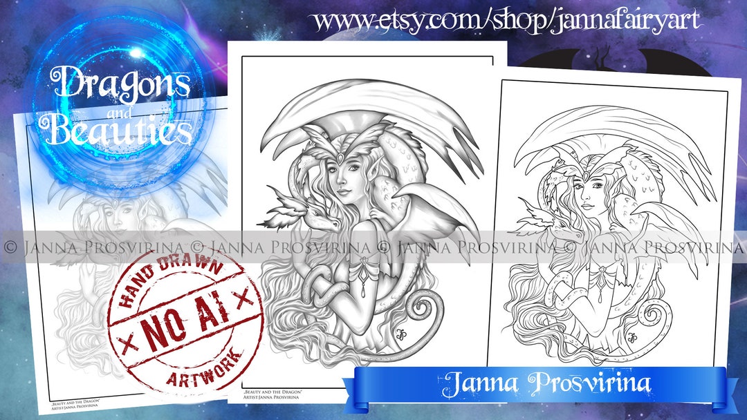 Coloring Page Grayscale, Line Art, Beauty and the Dragon, Digital Stamp ...