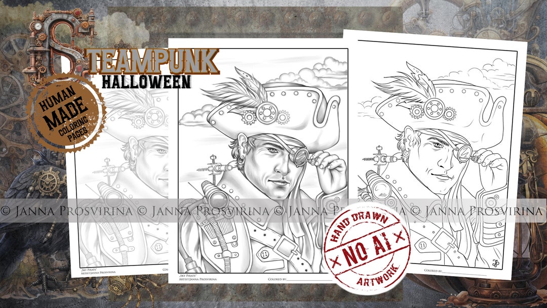 Steampunk Sky Pirate, Digital Grayscale Line Art Coloring Page, Instant ...