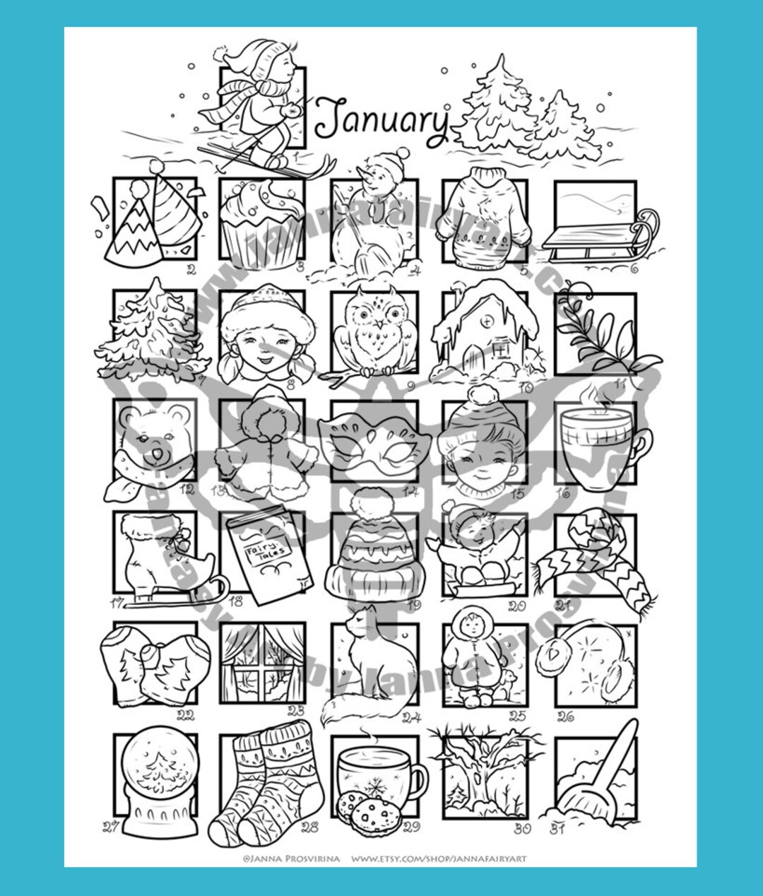 January Treats Countdown Coloring Page, Calendar to Color, Printable ...