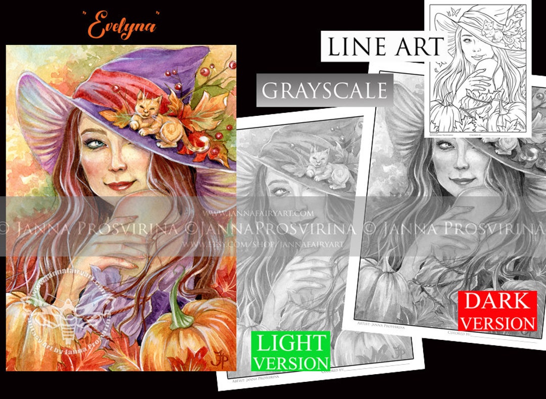 GRAYSCALE Coloring Page, Digital Stamp, Witch, Halloween, Printable ...