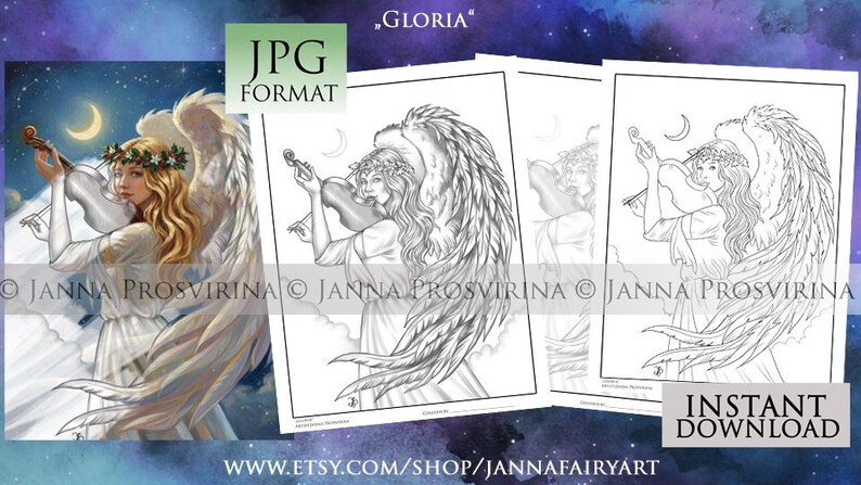 Gloria, Angel Coloring Page, Digital Stamp, Printable, Art of Janna ...