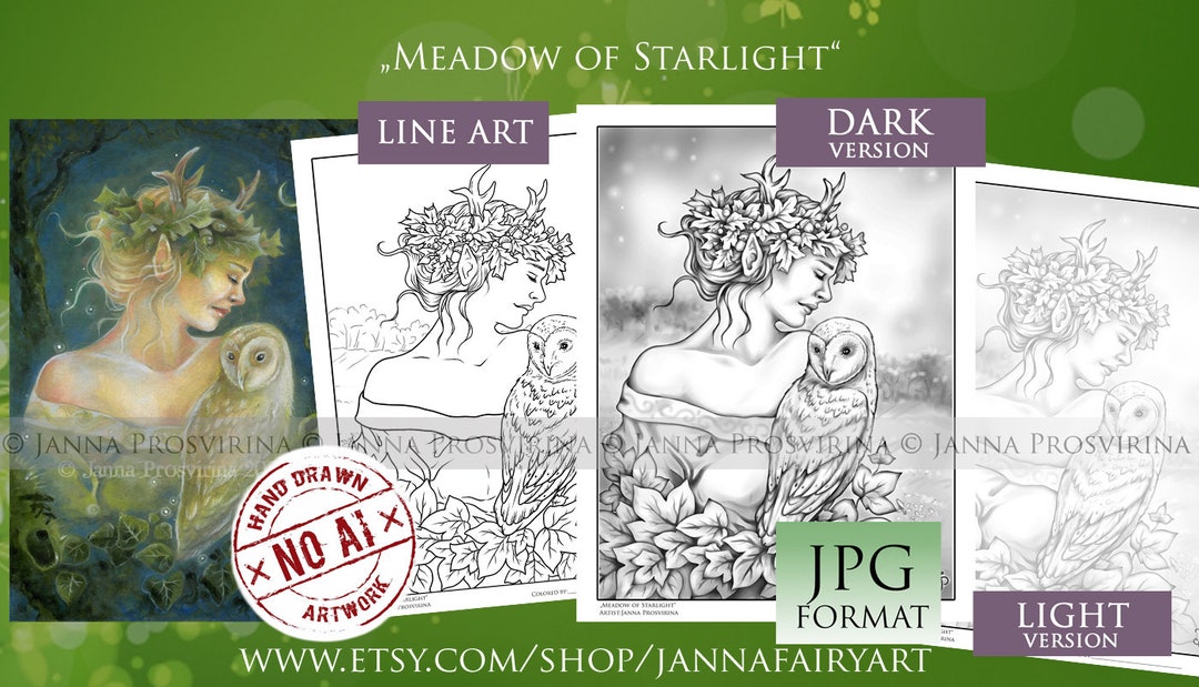 Meadow of Starlight, Coloring Page, Digital Stamp, Grayscale, Line Art ...