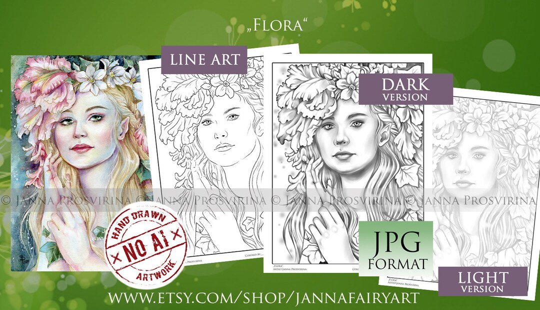 Flora, Coloring Page, Digital Stamp, Grayscale, Line Art, Printable ...