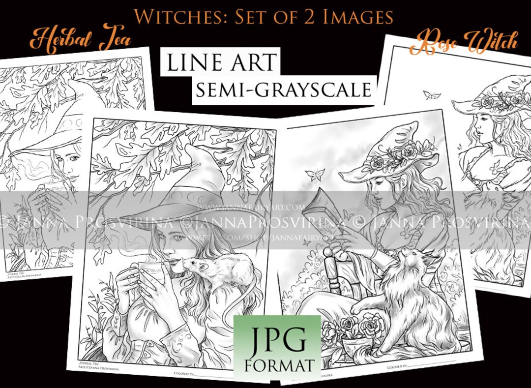PRINTABLE, GRAYSCALE, Line Art, Witch, Digi Stamp, Coloring Page, Fairy ...