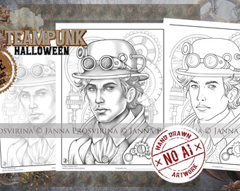 Steampunk Digital Grayscale Line Art Coloring Page, Printable, Instant ...