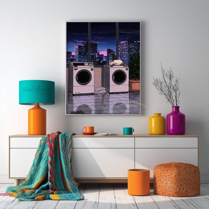 Retro 80s Anime Printable Art - Nostalgic Laundry Cat Scene, Vintage ...