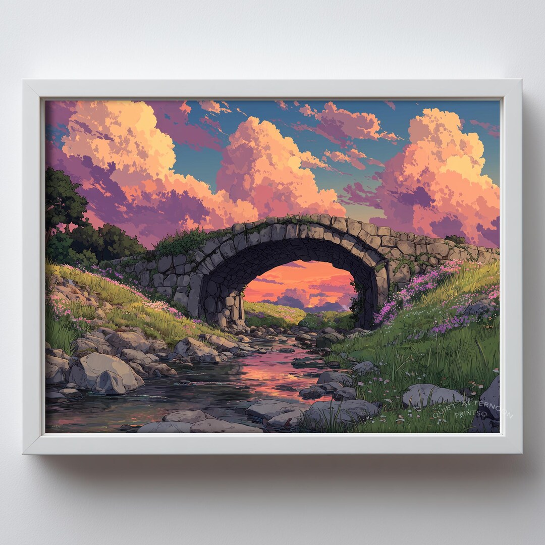 Anime Illustration Stone Bridge at Sunset - Cottagecore Digital Art ...