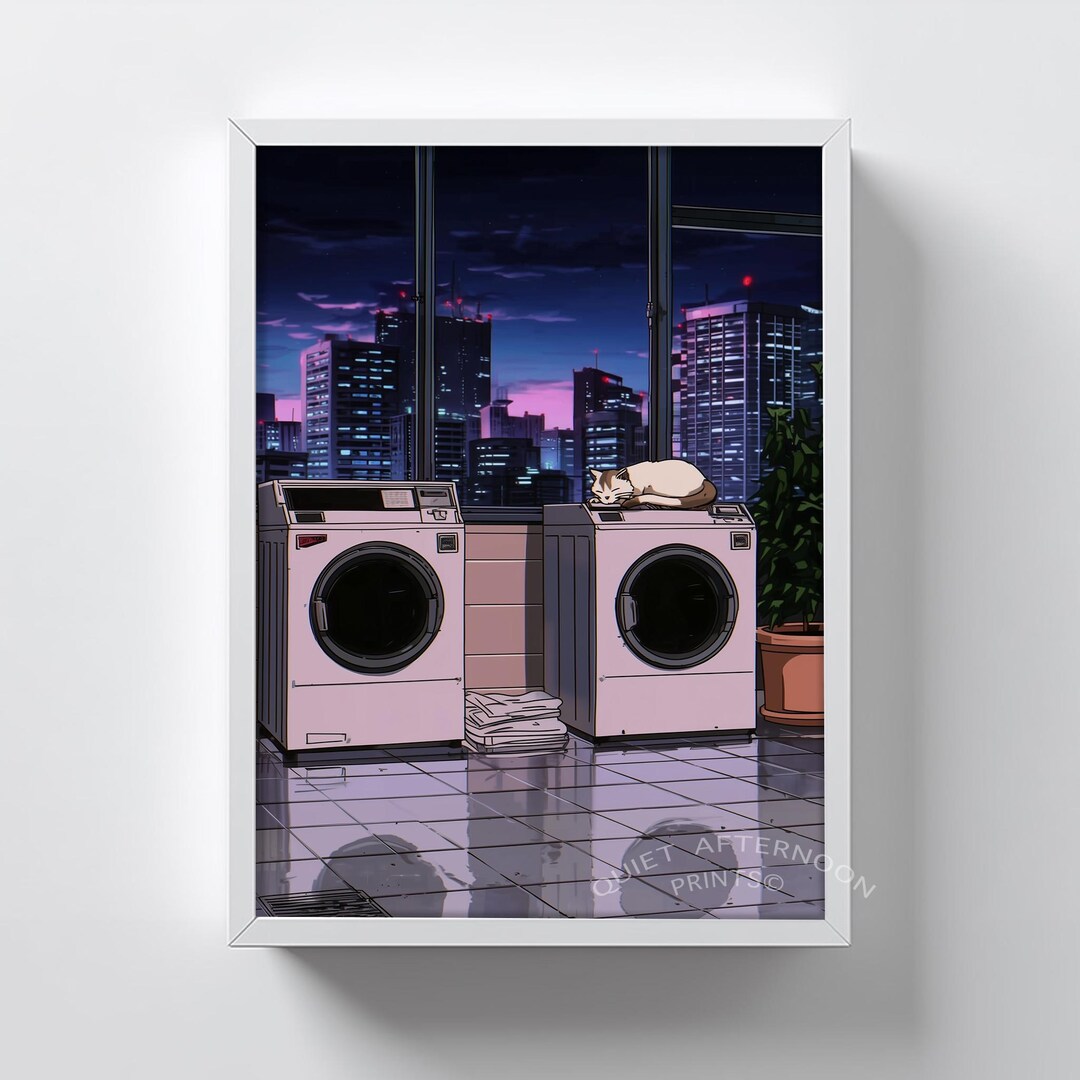 Retro 80s Anime Printable Art - Nostalgic Laundry Cat Scene, Vintage ...
