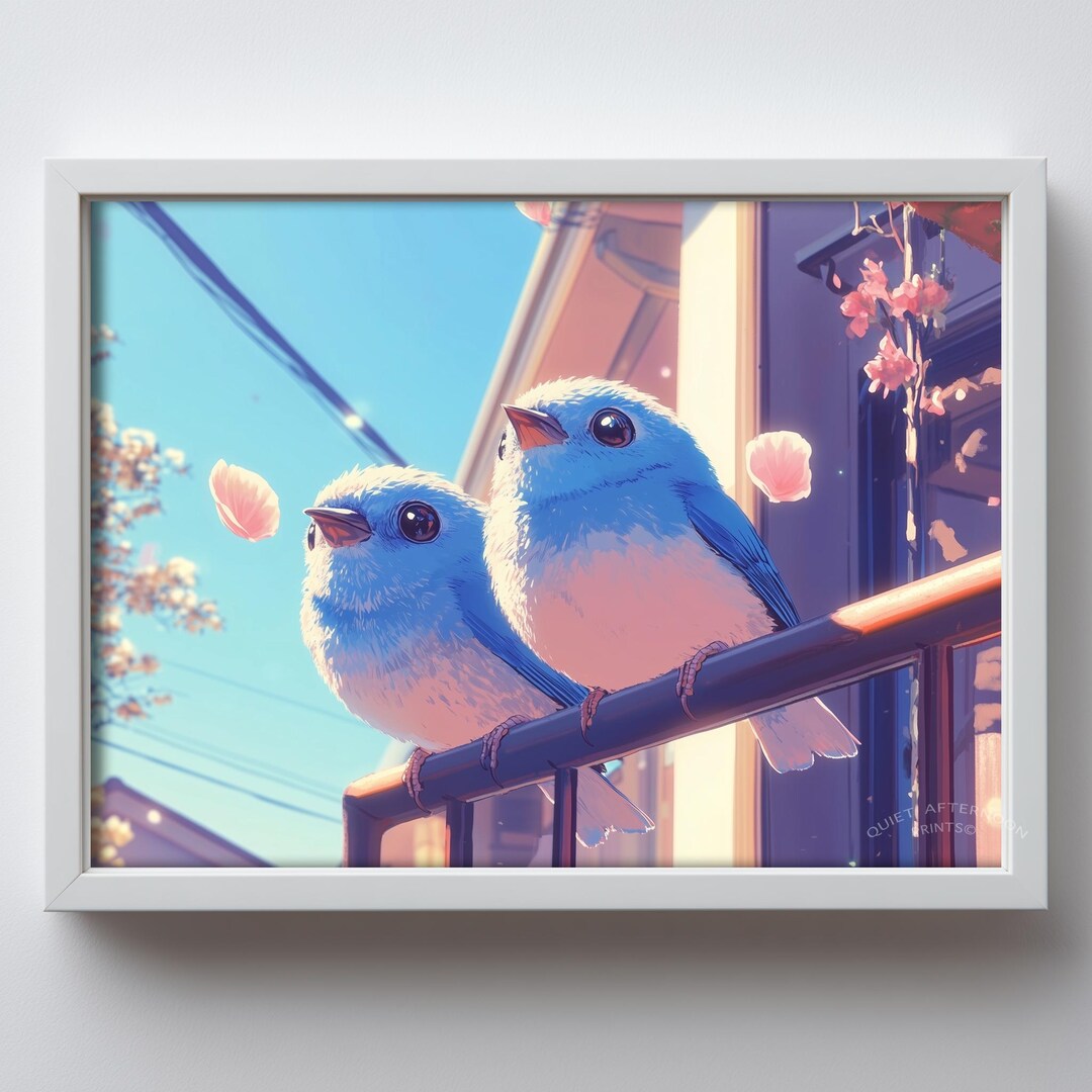 Anime Blue Sparrows on Railing - Cute Pastel Ghibli Style Art Print ...