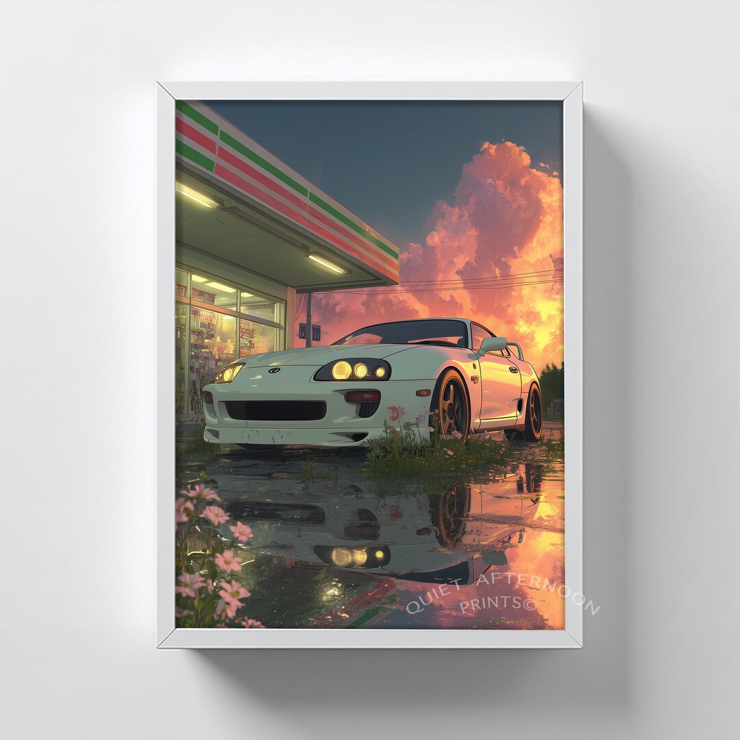 Anime White Toyota Supra MK4 at Sunset, Moody Urban Scene, Neon Lit ...
