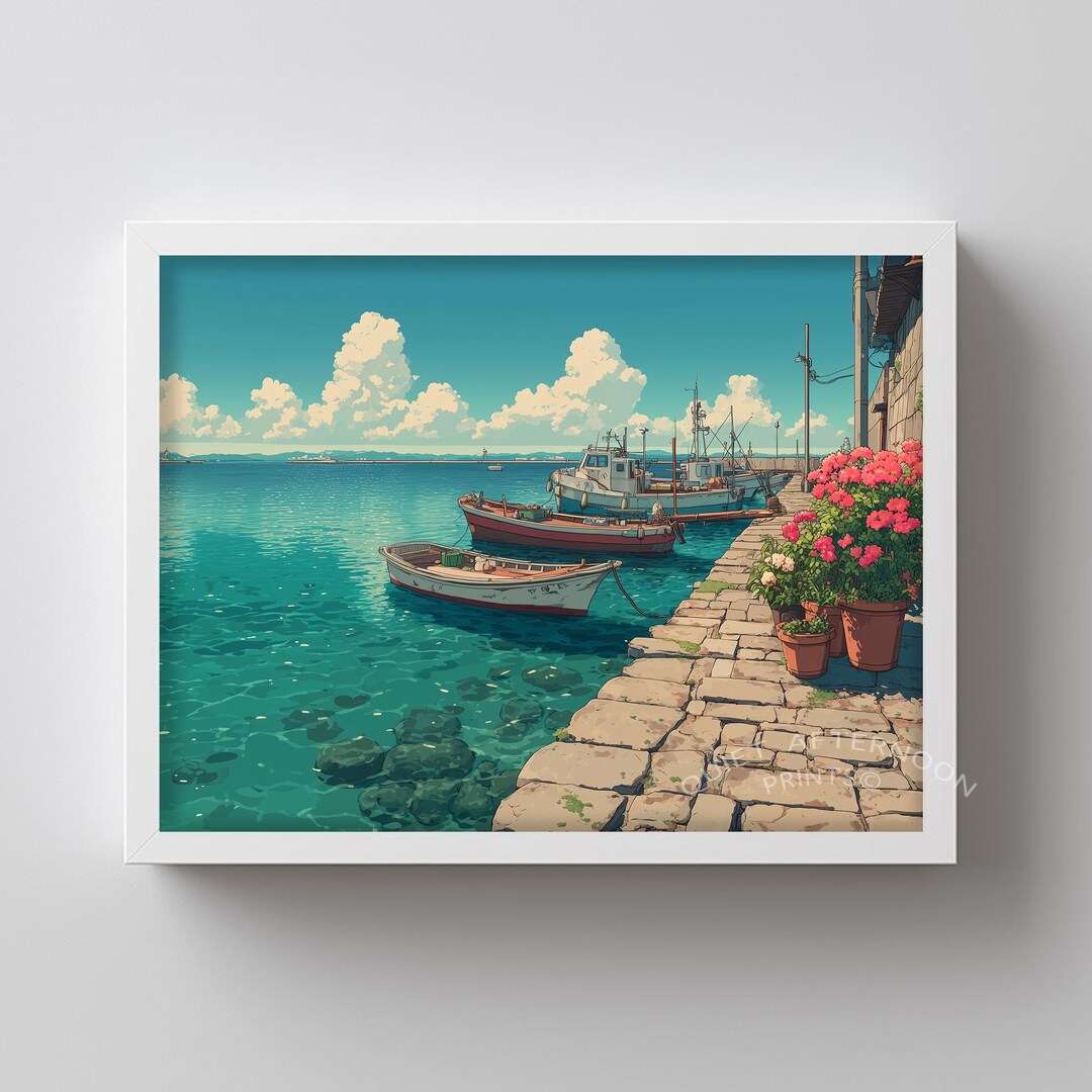 Printable Serene Coastal Scene - Anime Summer Harbor Fishing Boats ...