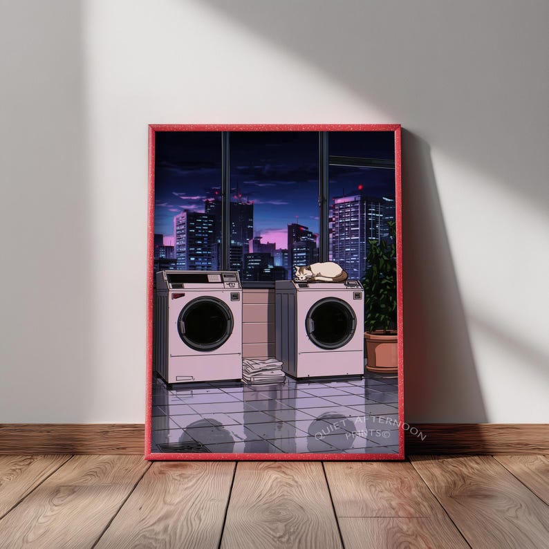 Retro 80s Anime Printable Art - Nostalgic Laundry Cat Scene, Vintage ...